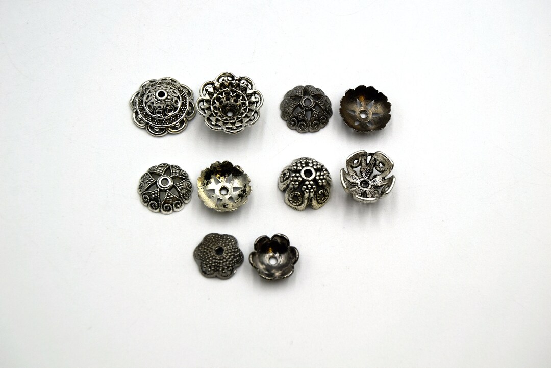 Pewter Floral Bead Caps: Silver & Gunmetal Jewelry Findings, 5 Pairs - Etsy