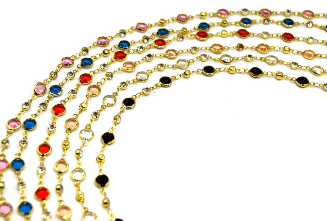 Gold Plated Crystal Link Chain 6mm With CZ Spacers Dazzling Jewelry ...