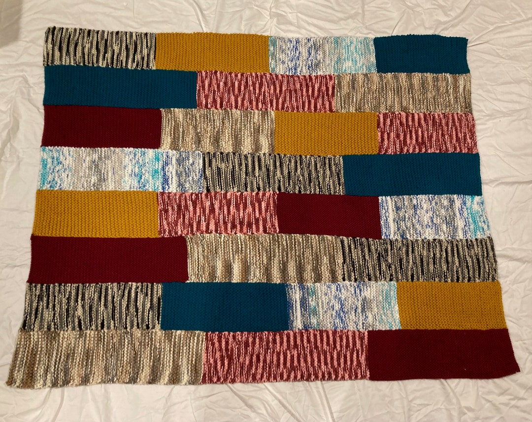 Fun Multicolor Knitted Throw Blanket/quilt/afghan Burgundy/blue/mustard ...