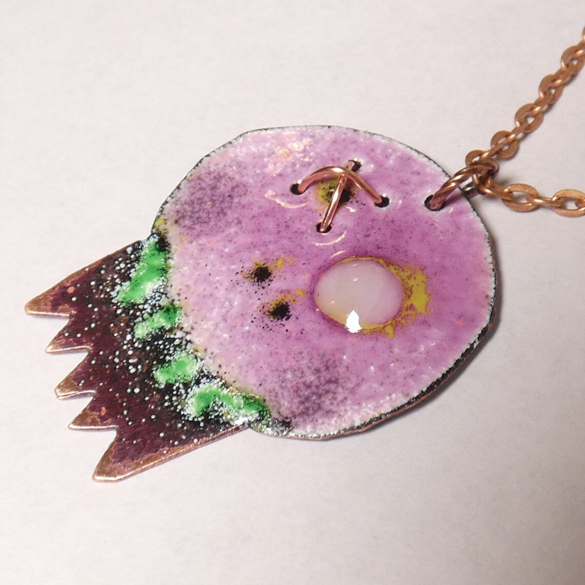 Enameled Copper Pendant Necklace Ugly One-eyed Zombie, Purple and Green ...