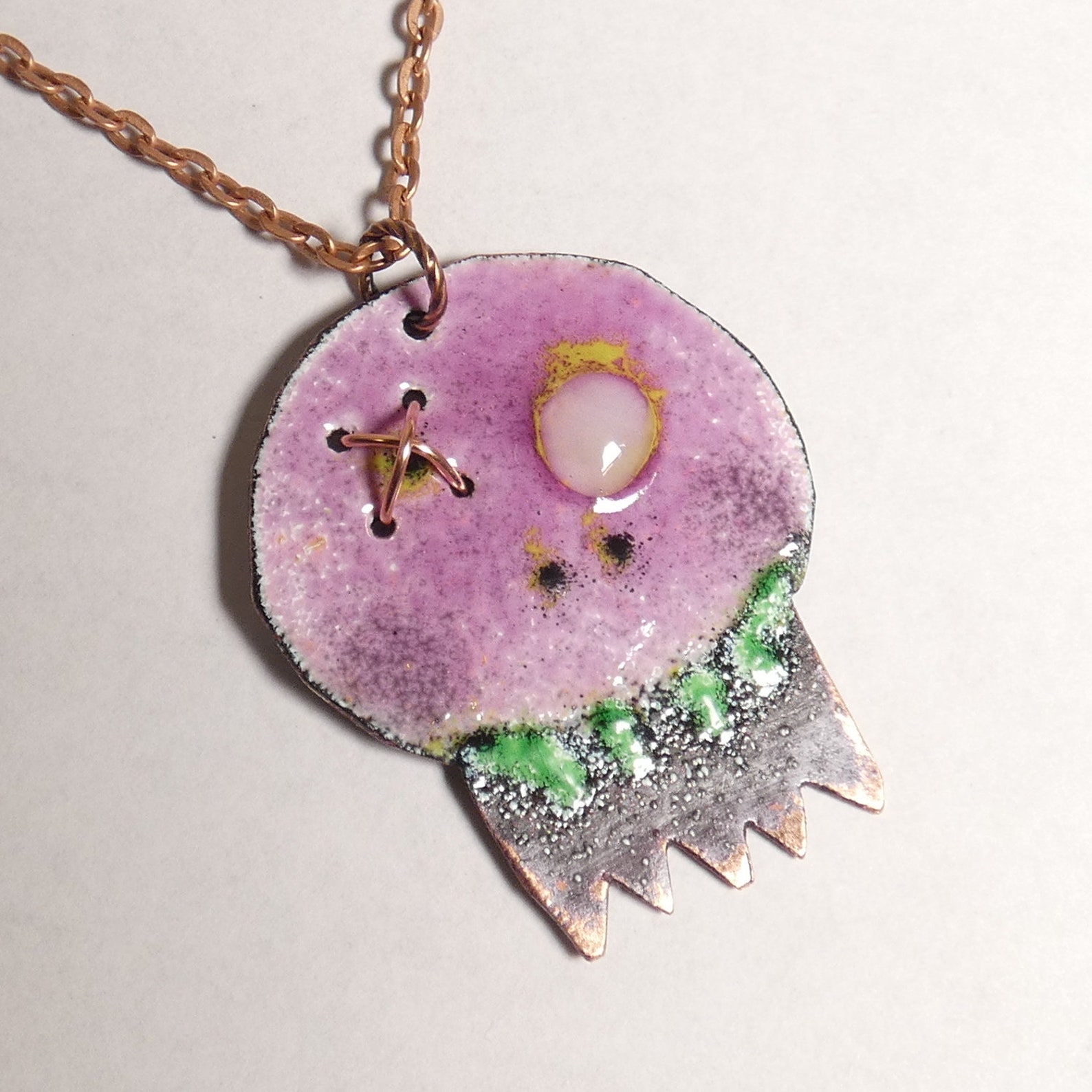 Enameled Copper Pendant Necklace Ugly One-eyed Zombie, Purple and Green ...