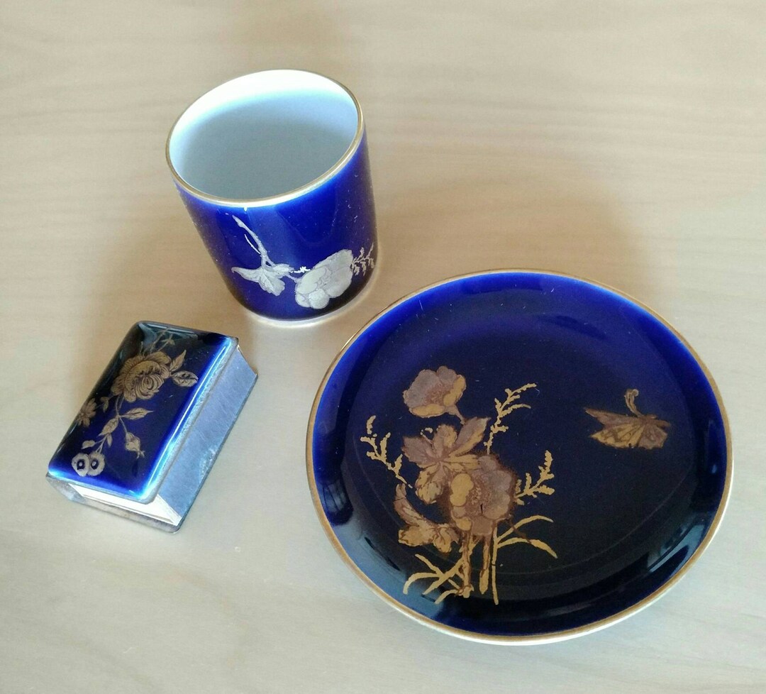 LIMOGES French Porcelain Cobalt Blue Gold Trinket Boudoir Vanity 3 Pc ...