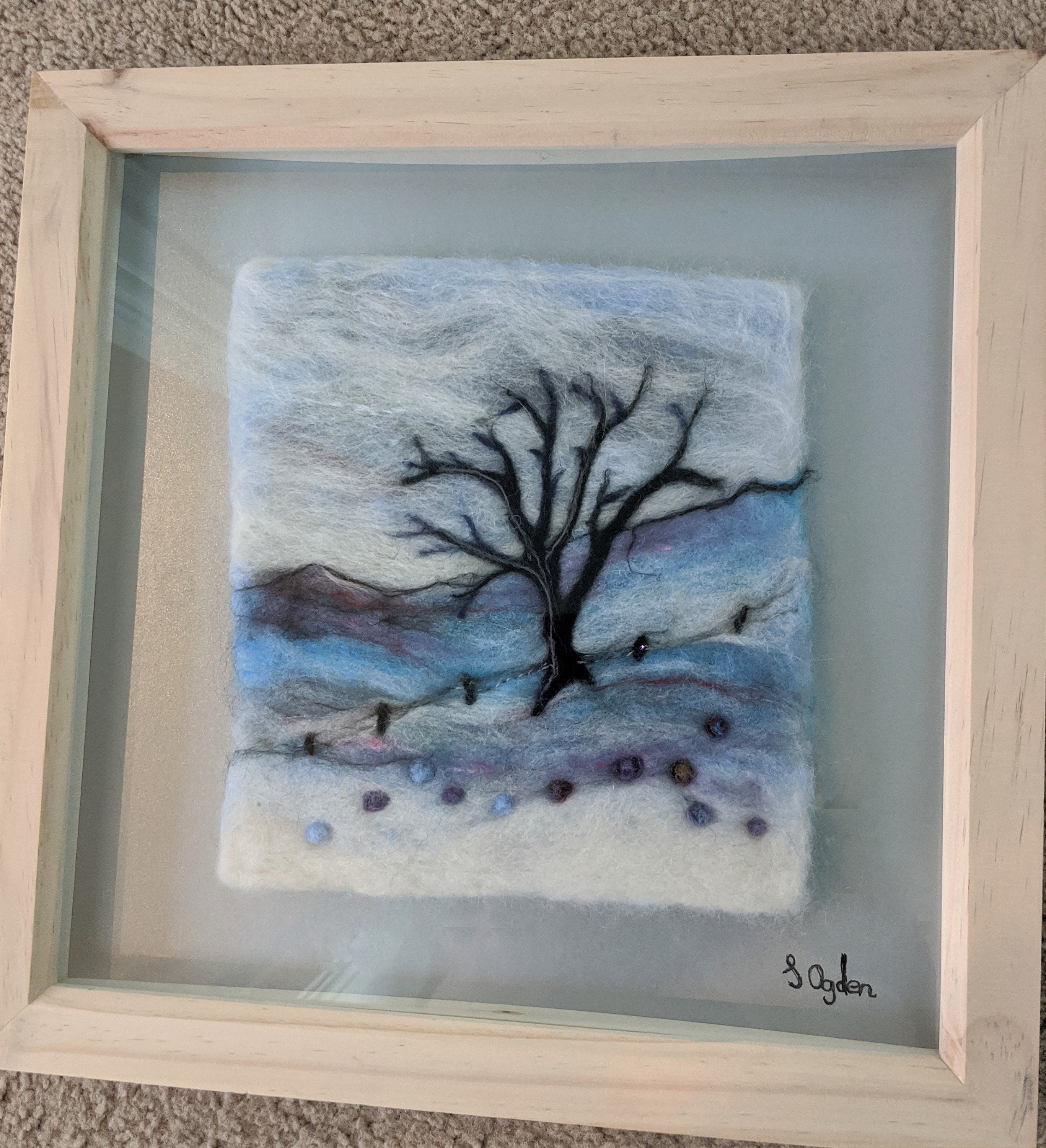 Needle felted winter hillside scene, original textural snowy felt ...