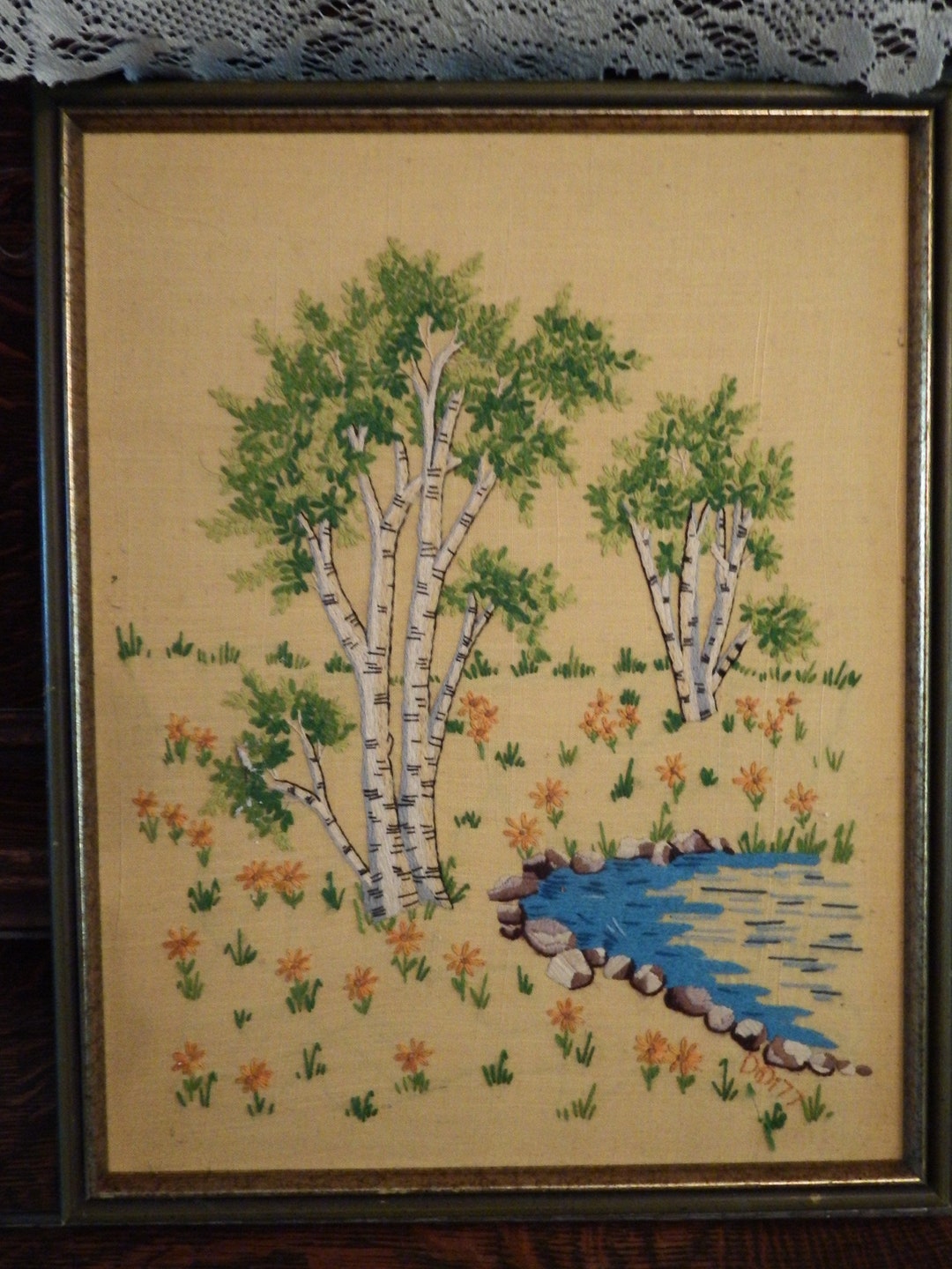 Framed Needlepoint Picture of Woods, Flowers and Stream Completed and ...