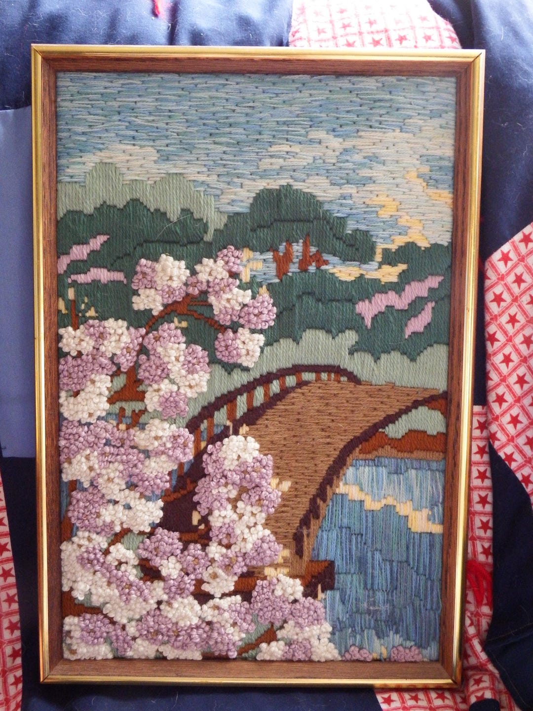 Vintage Needlepoint Bridge Over Troubled Waters With Flowers Trees ...