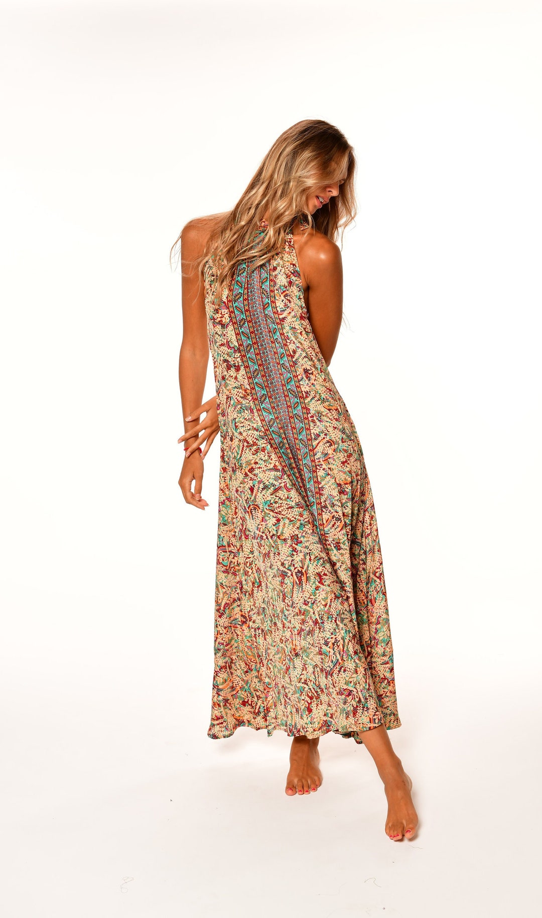 Long High Neck Dress in Beautiful Colorful Print Open Back Boho Summer ...