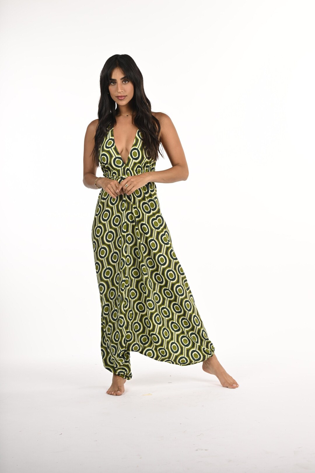 Open Back Summer Long Romper for Woman Bohemian Slit Overall Green ...