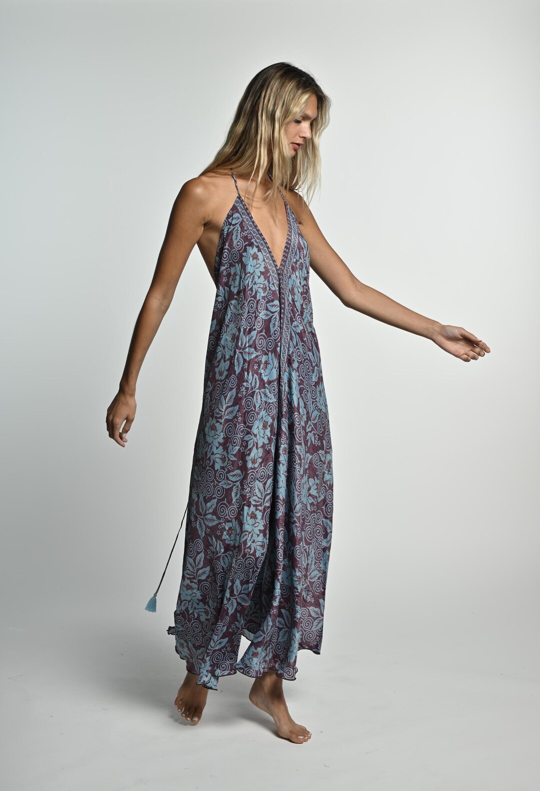 Long Blue Floral Silk Summer Dress | Boho Chic Elegant Open Back Dress ...