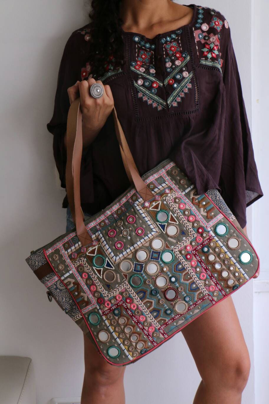 Embroidery Bag With Fabric and Leather/boho Bag/shoulder - Etsy