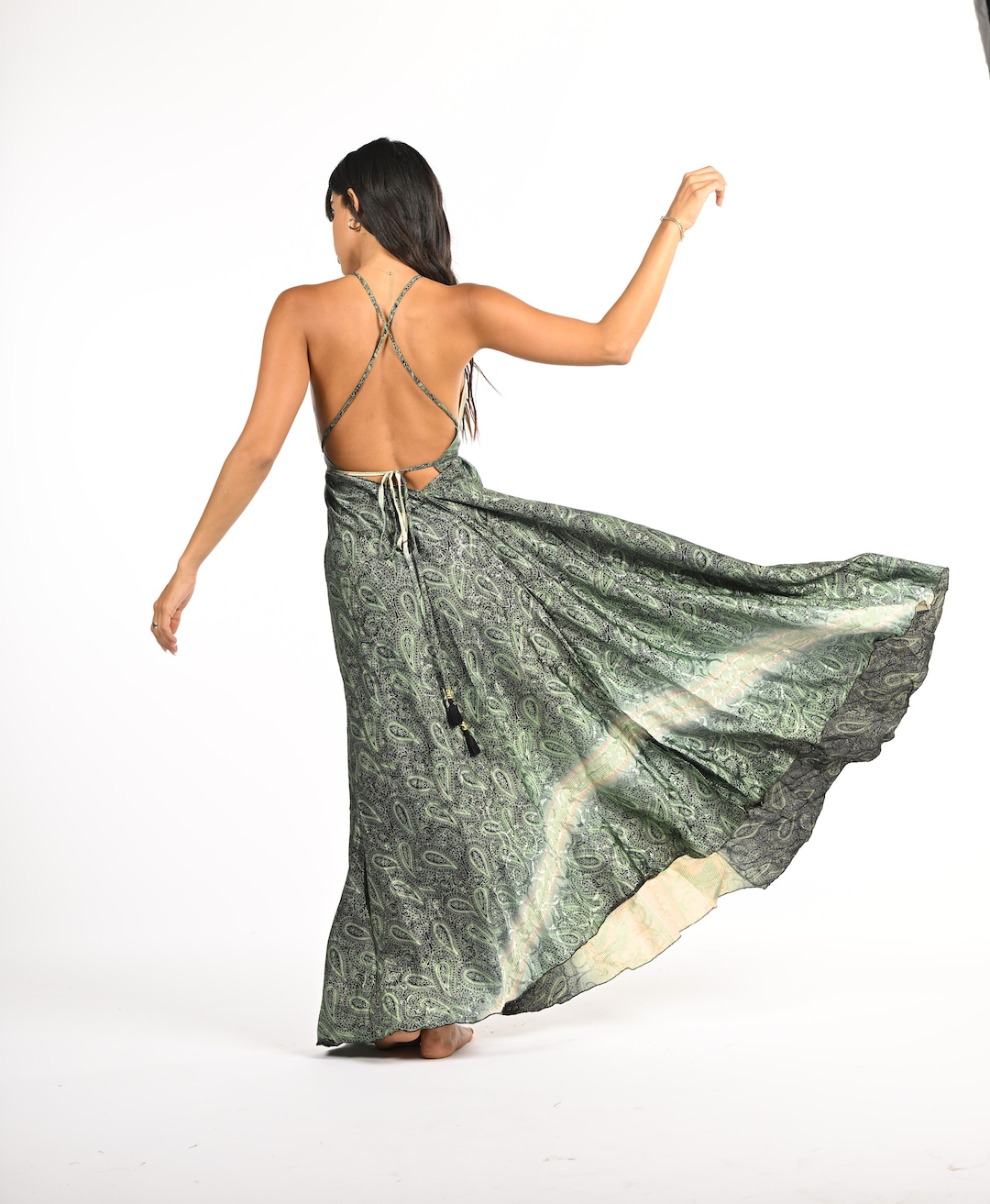 Long Green Open Back Dress Boho Elegant Slip Halter Dress - Etsy