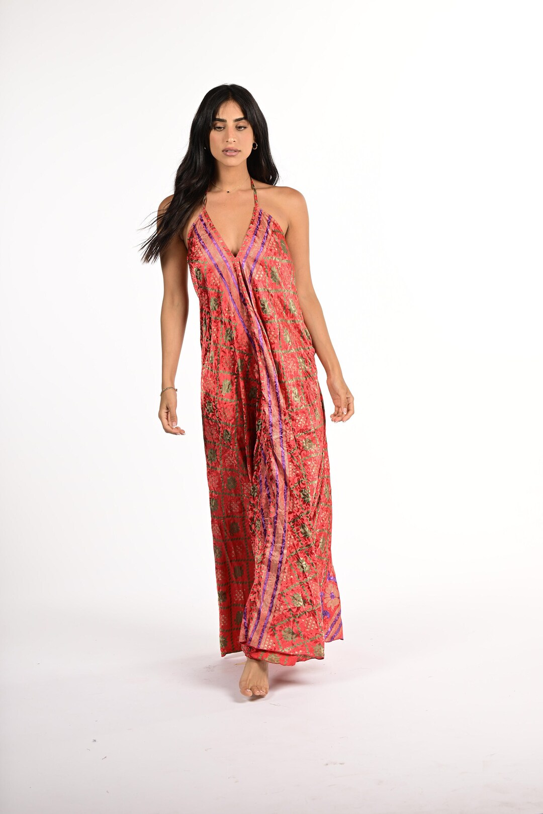 Long Elegant Red Dress | Open Back Silk Slip Dress | Halter Boho Maxi ...