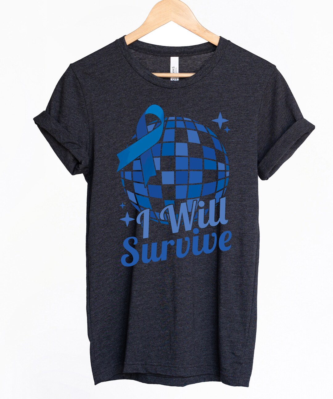 I Will Survive Colon Cancer Fighter Blue Ribbon Awareness Retro Disco T ...