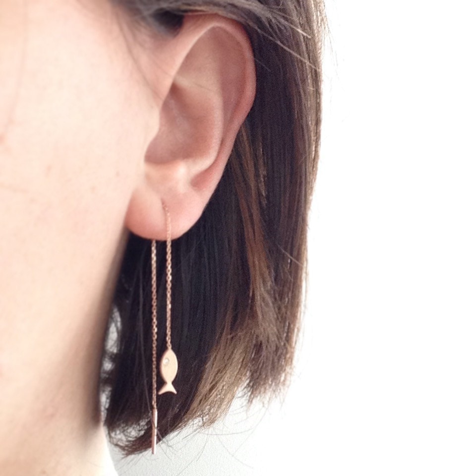 Diamond Fish Threader Earring Rose Gold Diamond Ruby Sapphire - Etsy