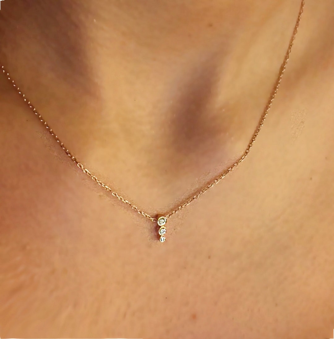 Three Diamond Necklace, 14k Solid Gold Trio Necklace, Bezel Diamond ...
