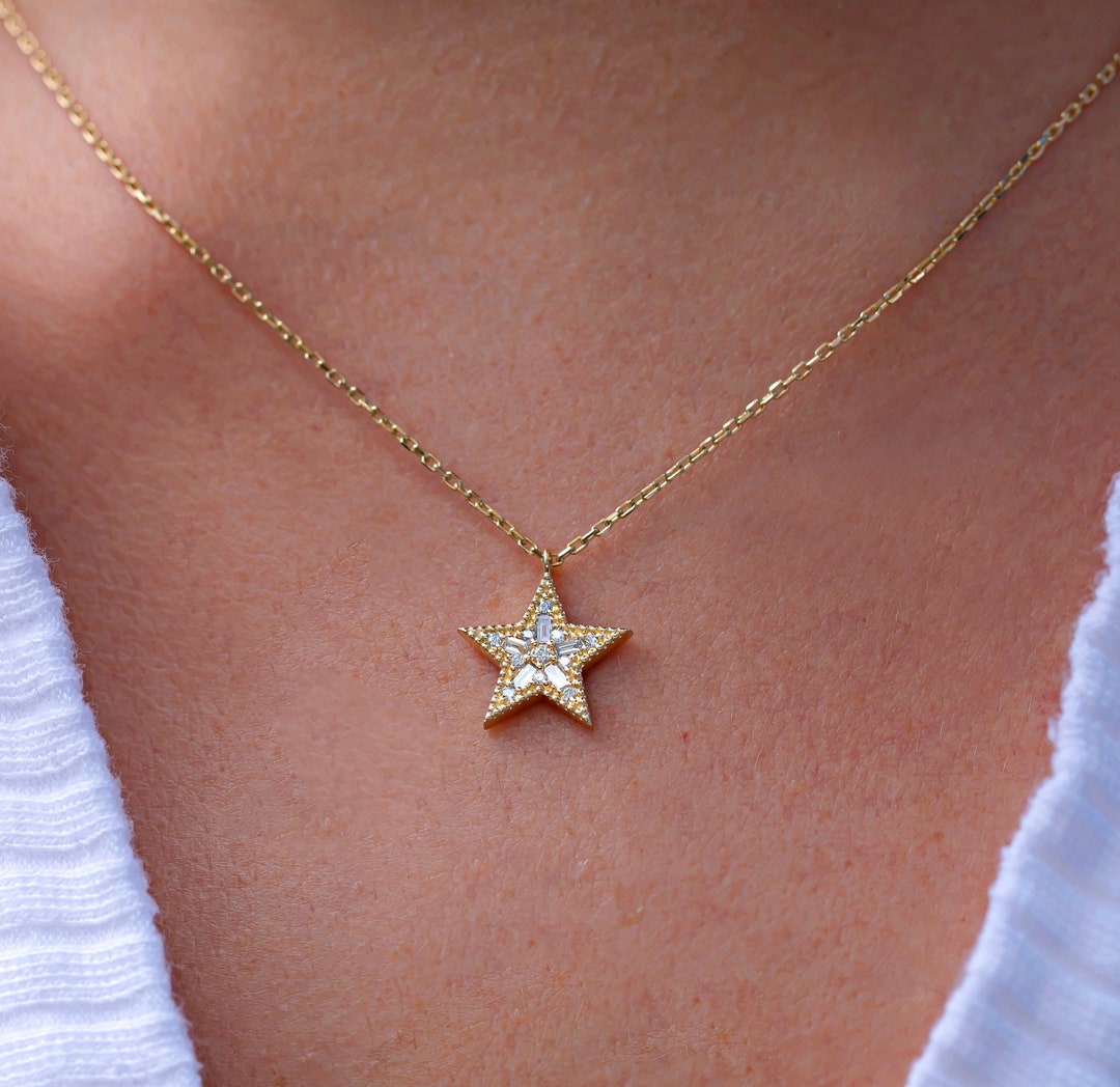 Baguette Diamond Star Necklace Solid Gold, Diamond Star Celestial ...