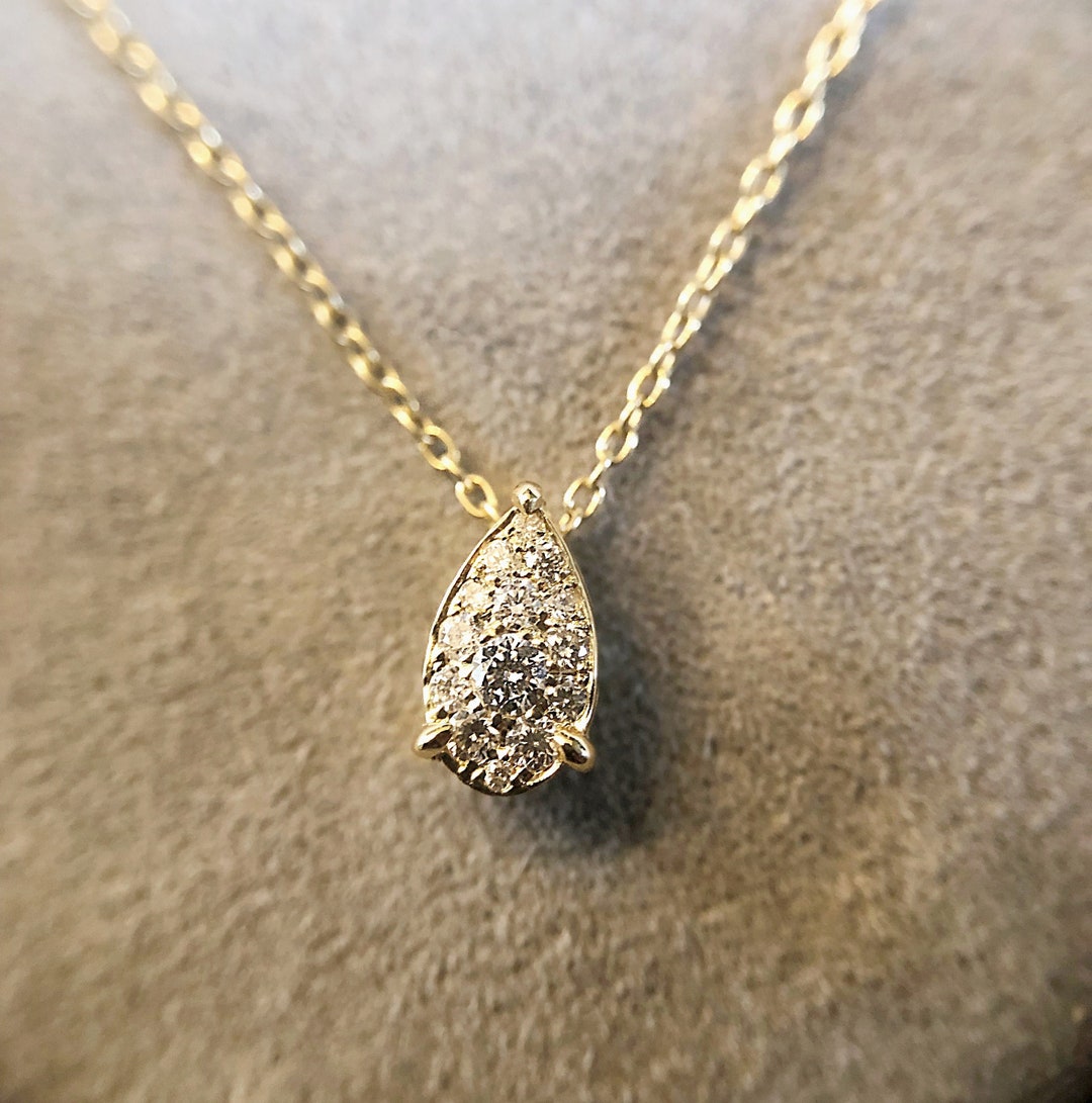 Pear Shape Natural Diamond Necklace 14k Solid Gold, Pave Diamond ...