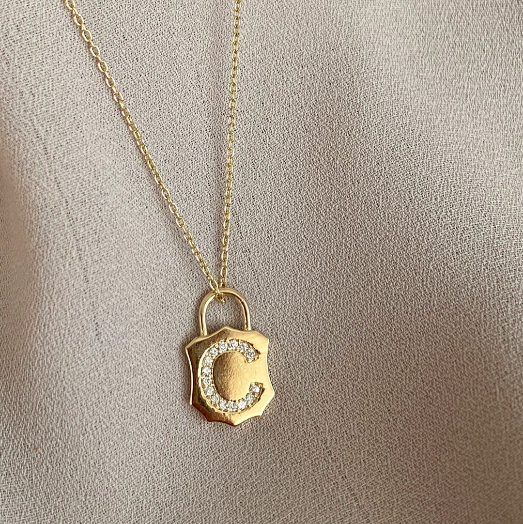14k Solid Gold Diamond Initial Padlock Necklace, Personalized Lock ...