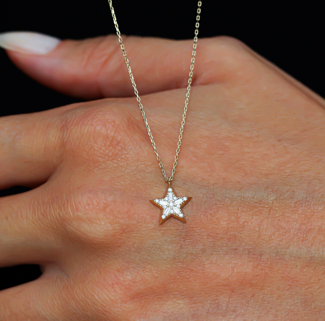 Baguette Diamond Star Pendant: 14k Gold Celestial Necklace - Etsy