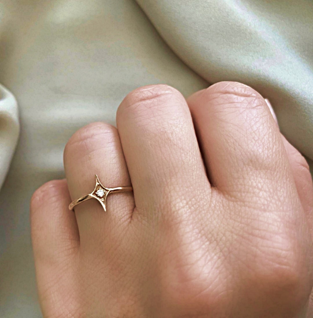 Diamond Starburst Ring in 14k Gold, Diamond North Star Ring, Tiny ...