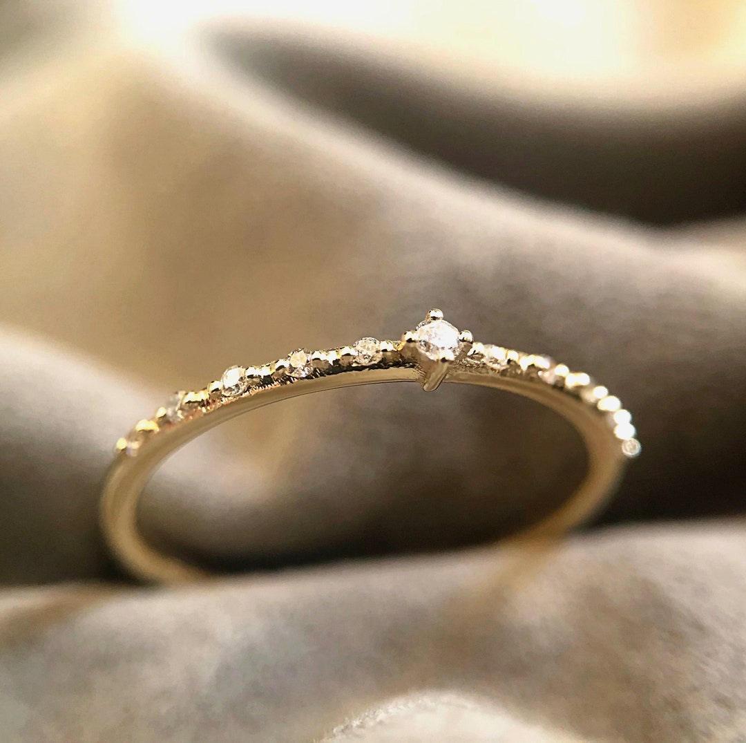 Tiny Diamond Gold Ring, Thin Band Stacking 14k Ring, Minimalist Diamond ...