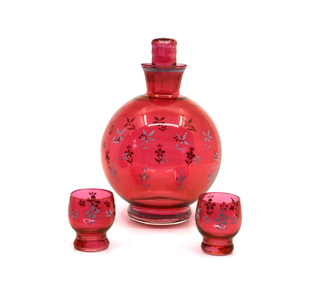 Vintage Ruby Red Flash Glass Liqueur Decanter Set: Hand Painted Floral ...