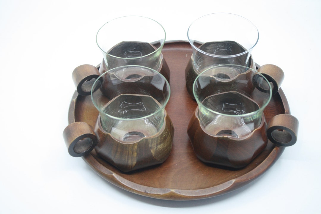 Set of 4 Vintage Retro Glass Insert Wood Coffee Tea Cups and Tray - Etsy