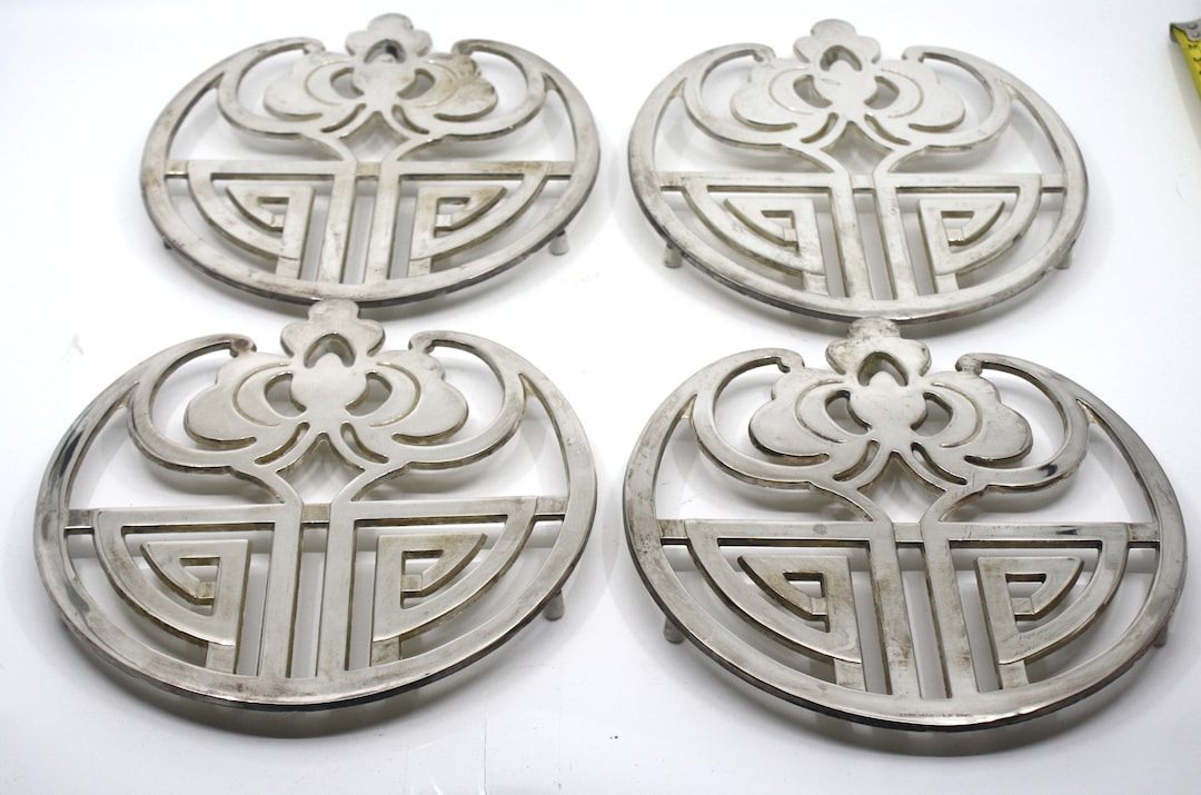 Set of 4 Vintage Birks Primrose LOTUS Silver Plated Trivet Hot Plate ...
