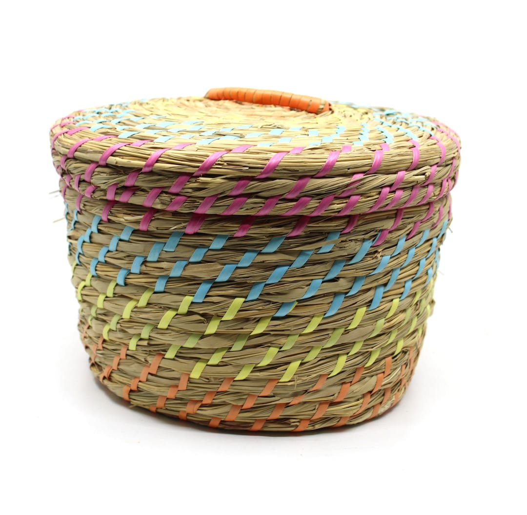 Woven Sweet Grass Colourful Round Storage Basket With Lid - Etsy