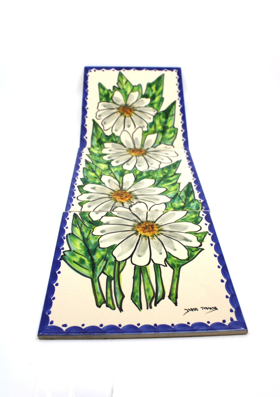 Hand-painted Ceramic Wall Mural 3 Tiles Signed by Artist - Daisies With ...
