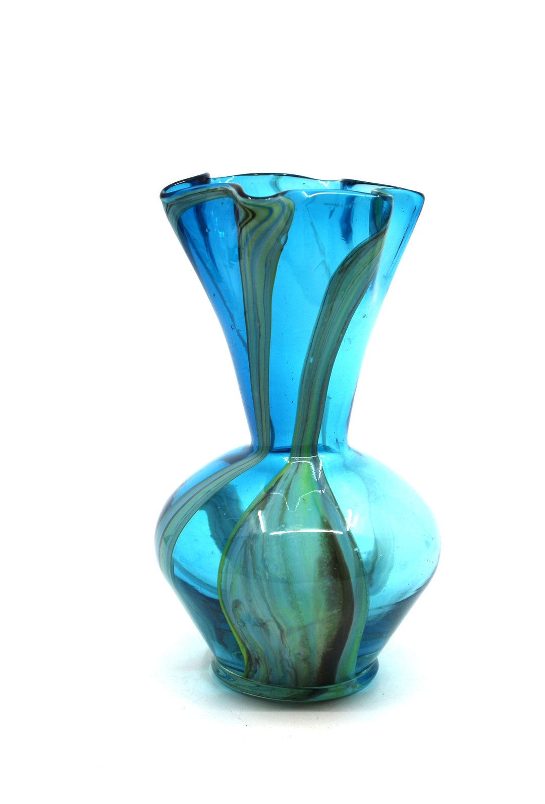 Small Aqua Blue Swirl Hand Blown Glass Vase With Wavy Edge, Clear Aqua ...