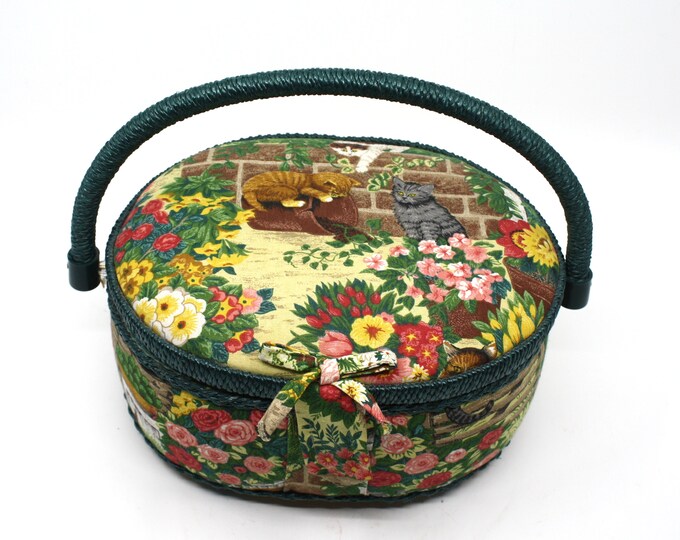 Petite Oval Floral and Kitten Fabric Sewing Needlework Box Basket, Wood ...