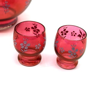 Vintage Ruby Red Flash Glass Liqueur Decanter Set: Hand Painted Floral ...