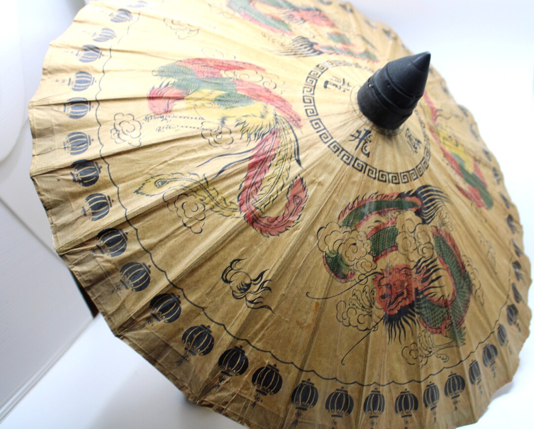 Vintage Japanese Parasol Dragon Rice Paper and Bamboo Japanese ...