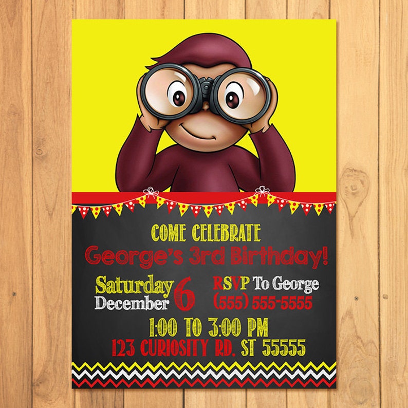 Curious George Invitation Chalkboard Curious George Birthday Etsy