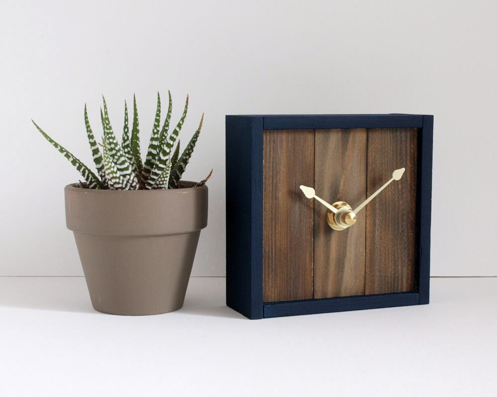 Navy Blue Framed Desk Clock Rustic Modern Small Square Wood - Etsy