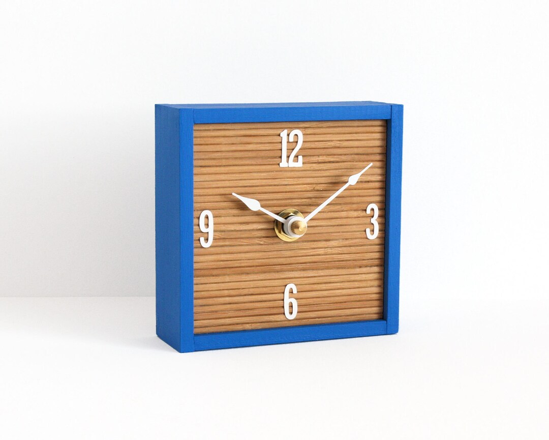Bright Blue Desk Clock, Unique Wood and Bamboo Tabletop Clock, Colorful ...