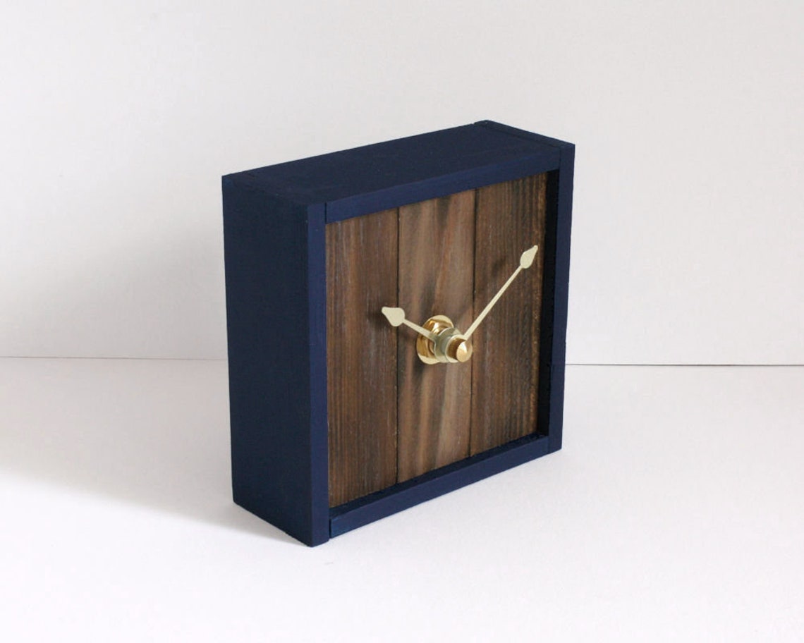 Navy Blue Framed Desk Clock Rustic Modern Small Square Wood - Etsy