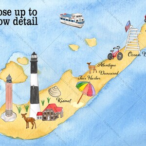 Fire Island Map Watercolor Illustrated Map Long Island Beach NY | 8" X ...