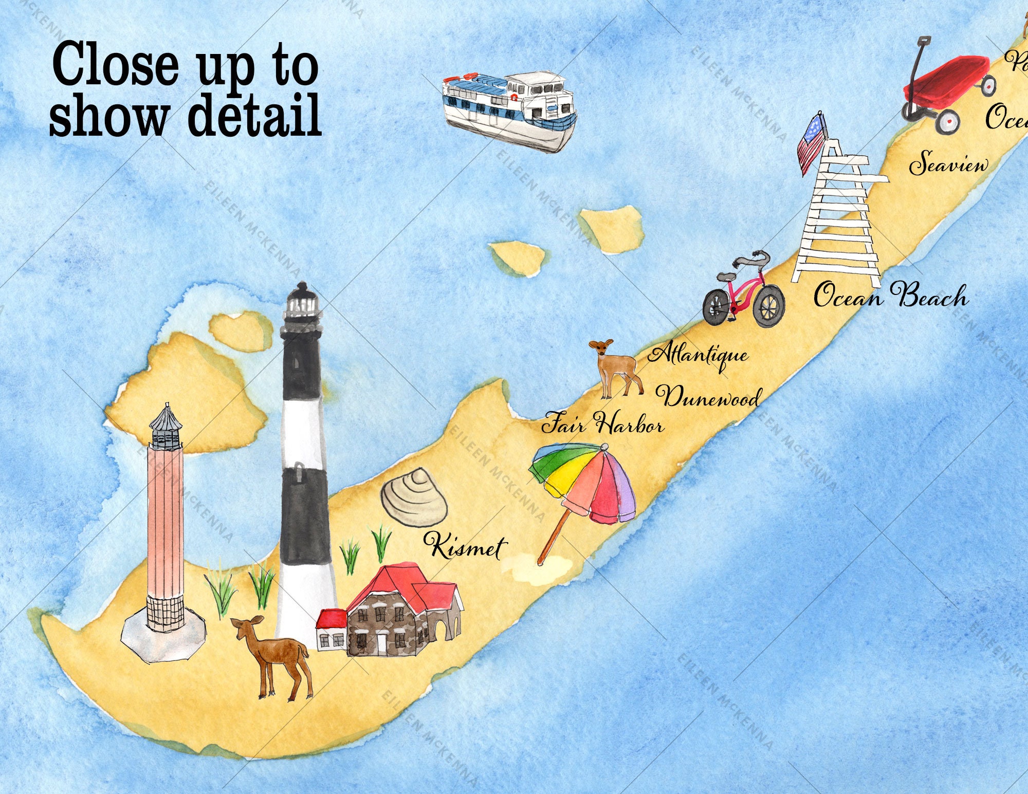 Fire Island Map Watercolor Illustrated Map Long Island Beach NY | 8" X ...