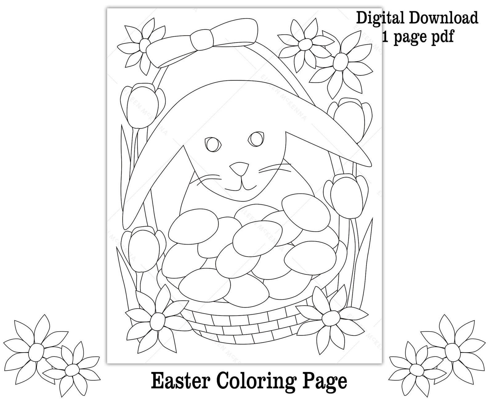 Easter Coloring Page Printable Bunny With Basket Eggs Spring Flowers ...