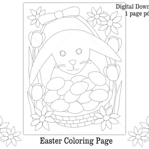 Easter Coloring Page Printable Bunny With Basket Eggs Spring Flowers ...