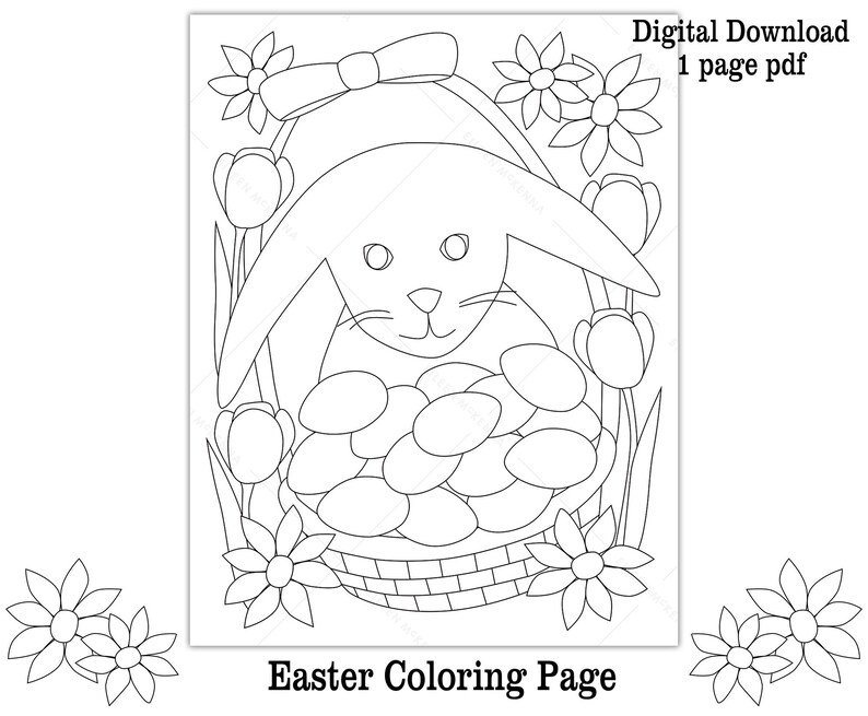 Easter Coloring Page Printable Bunny With Basket Eggs Spring Flowers ...