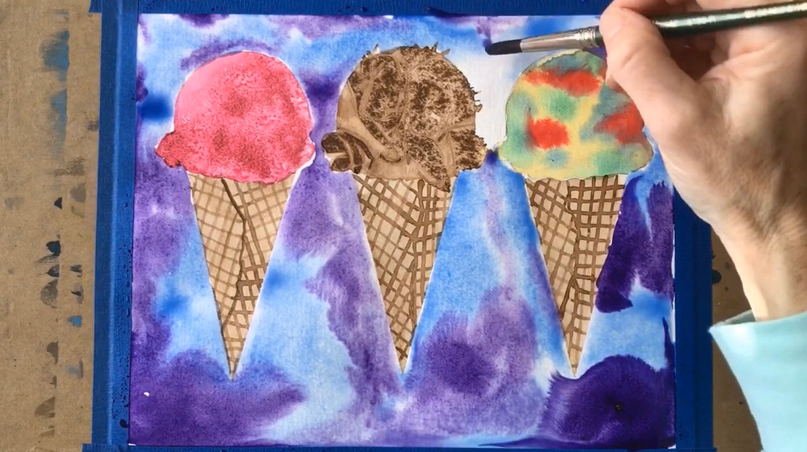 Kids Art Lesson Watercolor Ice Cream Cones Step by Step Painting ...