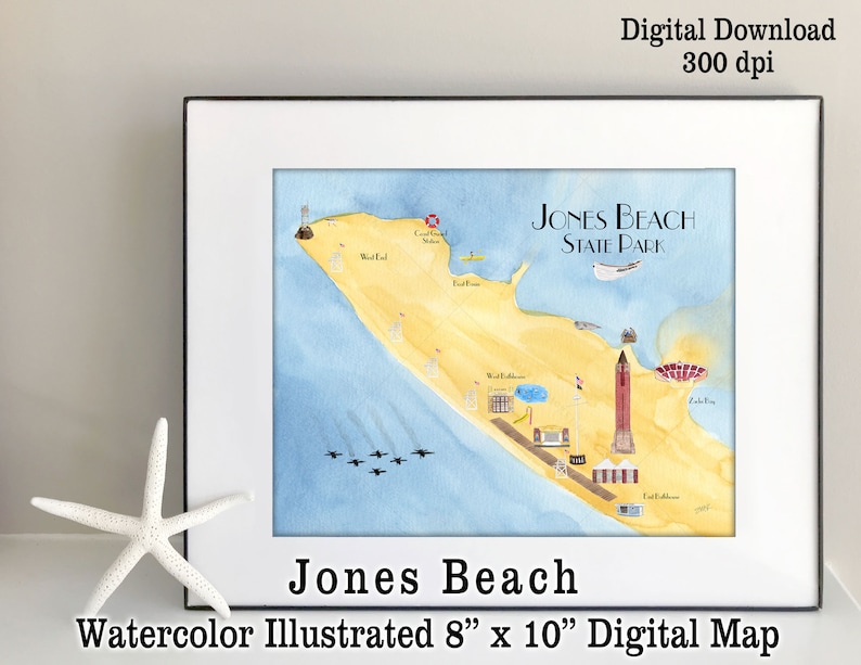 Jones Beach Map Watercolor Illustrated Map Long Island Beach NY | 8" X ...