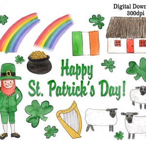 St. Patrick's Day Clipart Hand Painted Watercolor Leprechaun Rainbow ...