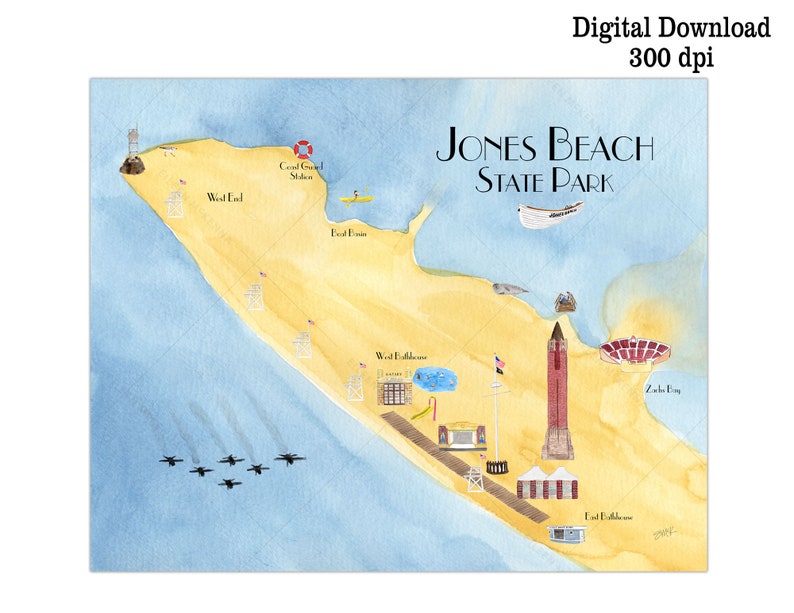 Jones Beach Map Watercolor Illustrated Map Long Island Beach NY | 8" X ...