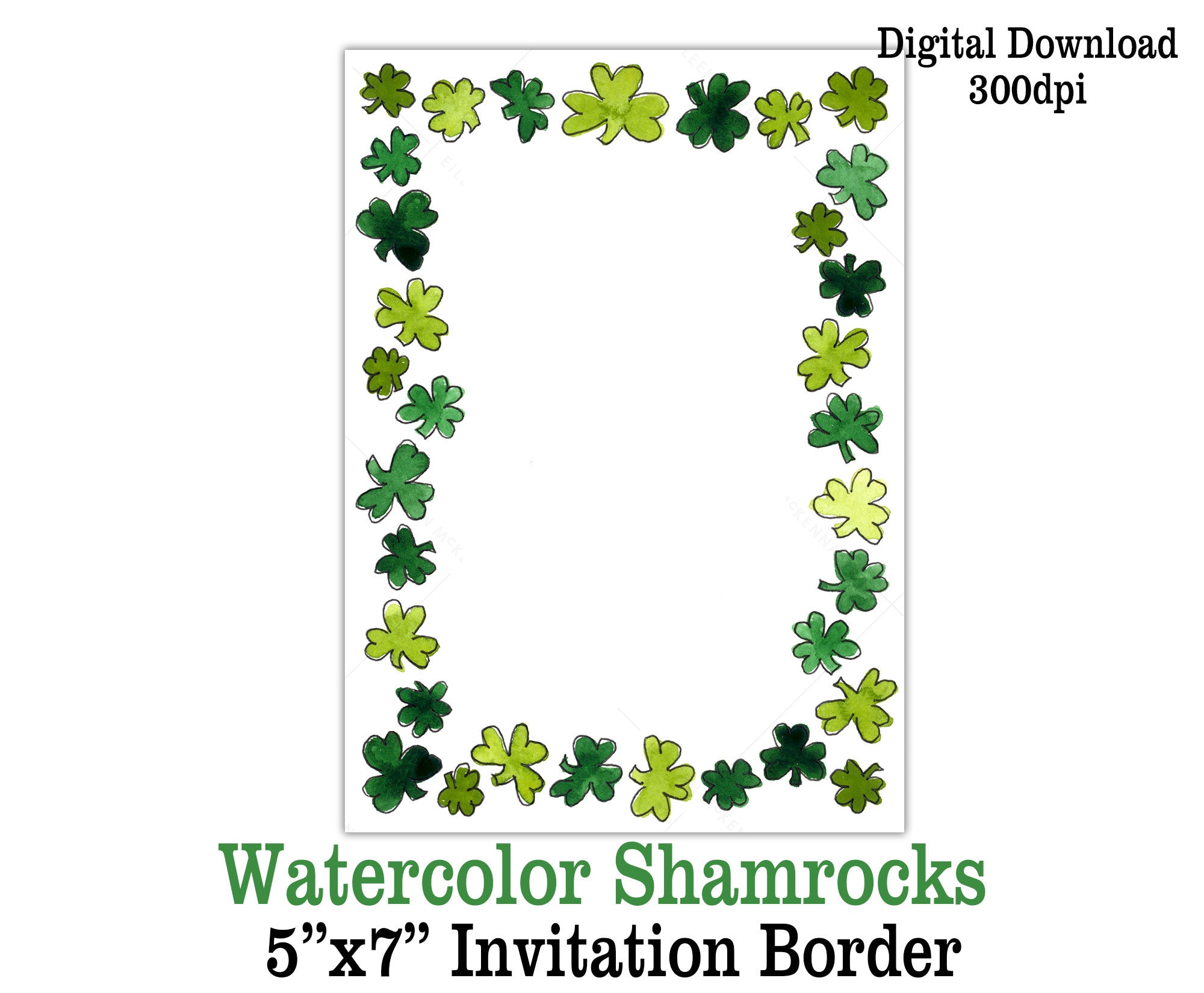 Printable St. Patrick's Day Watercolor Shamrocks 5" X 7" Card Border ...
