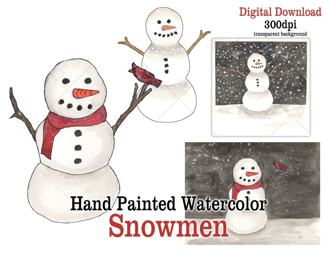 Snowman Clipart Watercolor Winter Snowmen Digital Download - Etsy