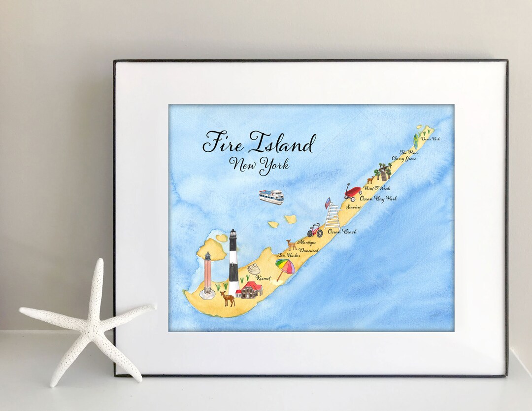 Fire Island Map Watercolor Illustrated Map Long Island Beach NY | 8" X ...