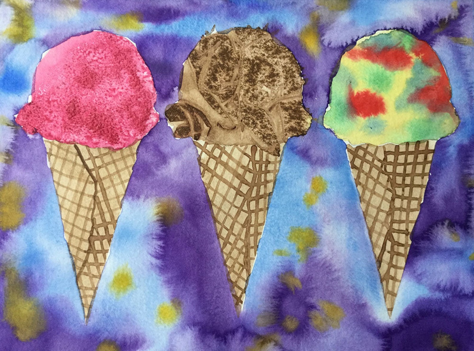 Kids Art Lesson Watercolor Ice Cream Cones Step by Step Painting ...